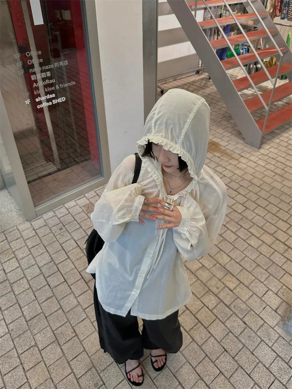 Korean Beige Hooded Sheer Shirt – Stefani Studio