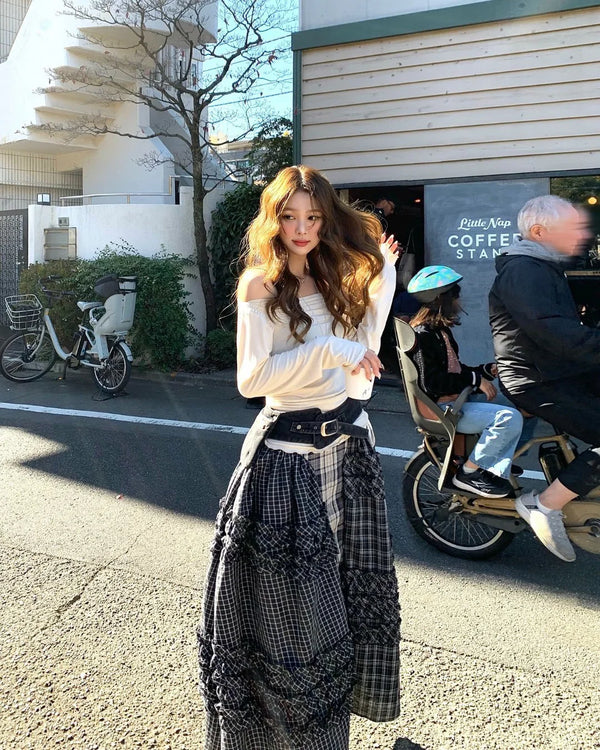 AOPT Unbalance Frill Maxi-Skirt in Plaid (S/S 2025) – Stefani Studio